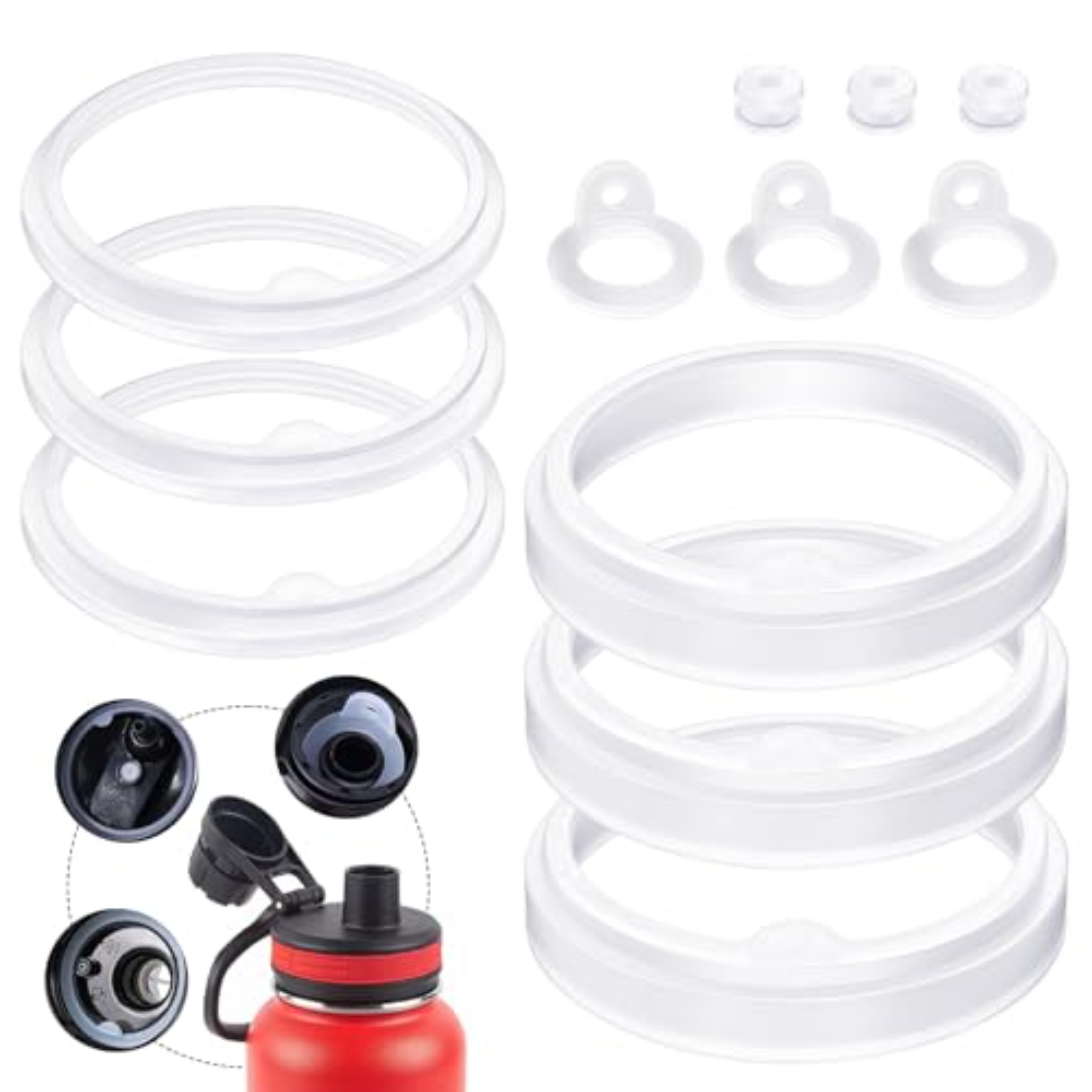 12 Заместительных прокладок для бутылок Thermoflask 24oz, 32oz, 40oz, со спиральной крышкой, глотательной крышкой, вентиляционным отверстием, силиконовые уплотнения, белый цвет, 3 спиральные крышки, 3 прокладки для крышек, 3 глотательные крышки, 3