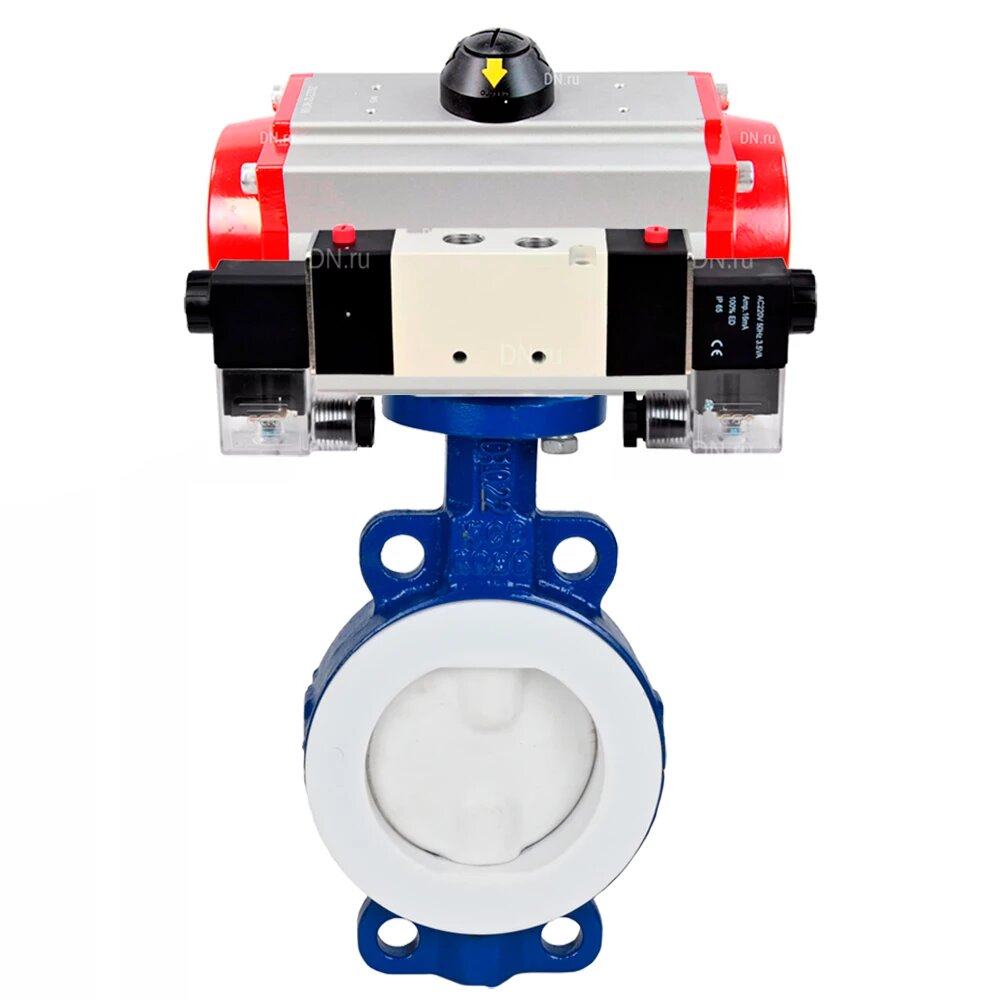 Затвор дисковый поворотный DN.ru WCB-WCB-PTFE-PTFE-Fb-H Ду125 Ру16 корпус - углеродистая сталь WCB, диск - углеродистая сталь WCB, футерованный PTFE, уплотнение - PTFE, с пневмоприводом DA-083 и пневмораспределителем PND1-S2EM-52-2-T10-220VAC