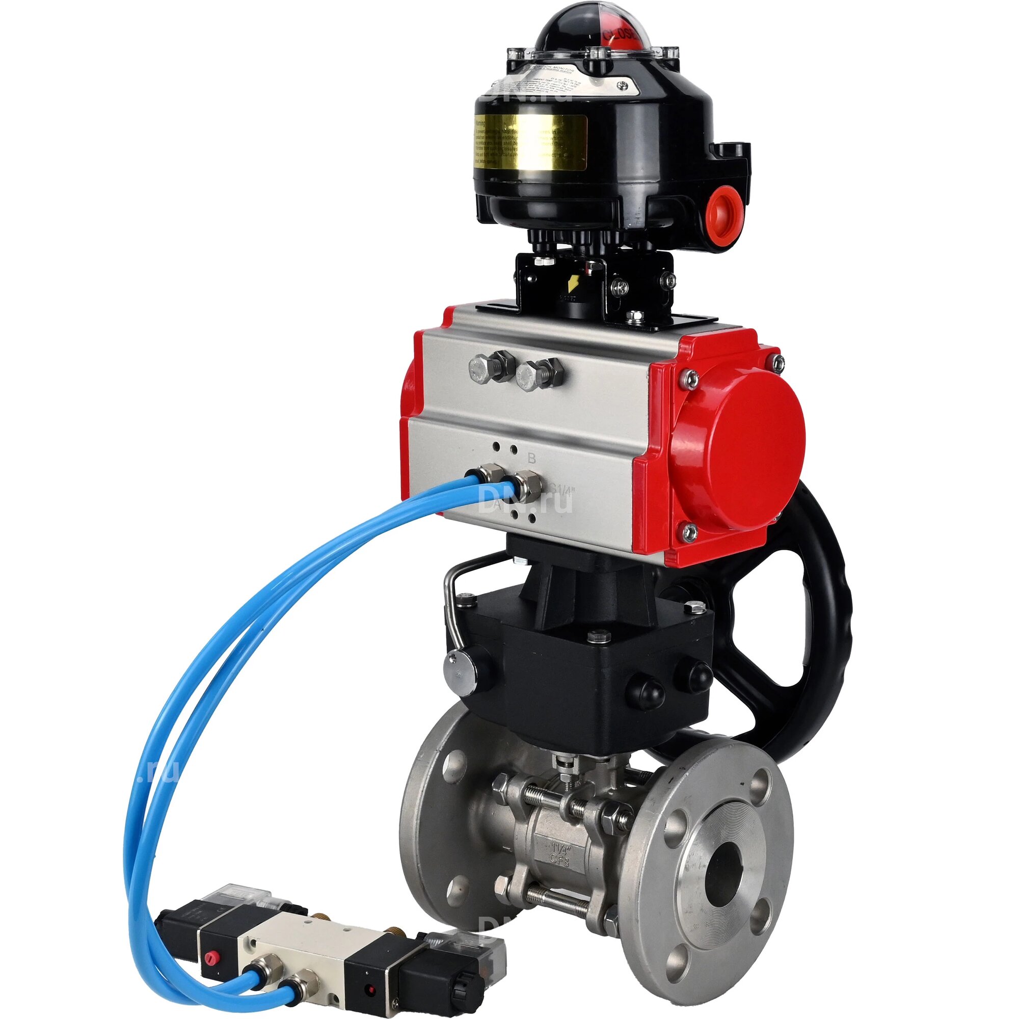 Кран шаровой DN.ru кшфпт 316.180 Ду20 Ру40 фланцевый, полнопроходной, 3-составной, нержавеющая сталь SS316, уплотнение PTFE, с пневмоприводом DA-052 пневмораспределителем PND1-S2EM-52-2-T10-220VAC редуктором HDM-1 БКВ LSB-510-02ExM12-250