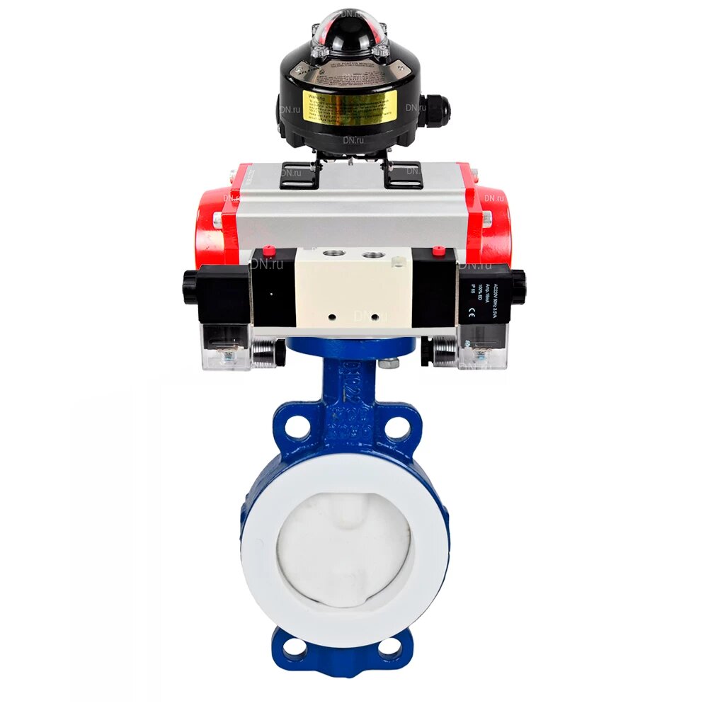 Затвор дисковый поворотный DN.ru WCB-WCB-PTFE-PTFE-Fb-R Ду200 Ру16 корпус углеродистая сталь WCB, диск углеродистая сталь WCB, футерованный PTFE, уплотнение PTFE, с пневмоприводом SA-160, пневмораспределителем PND1-S2EM-52-2-T08-220VAC и БКВ LSB-510-02Ex