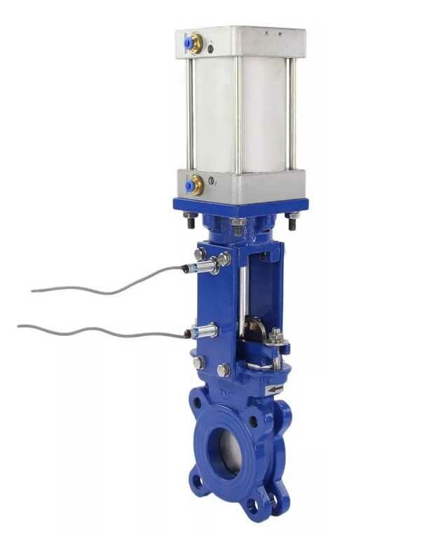 Задвижка шиберная DN.ru GGG40-304-EPDM-2W-Fb-2P Ду50 Ру16 межфланцевая, с выдвижным шпинделем, корпус - чугун GGG-40, уплотнение - EPDM, с пневмоприводом, WENZ и индукционными датчиками LS-12A3-00NI0-220VAC
