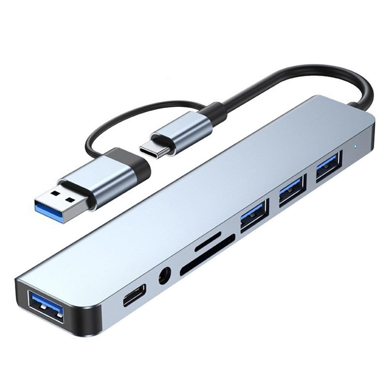 Хаб 8-в-1 USB A и USB C Type-C Docking Station Multiport Adapter USB 3.0 быстрый передача данных считыватель карт SD TF Type-C 3.5mm аудио совместимый с настольными компьютерами ноутбуками ПК игровыми консолями