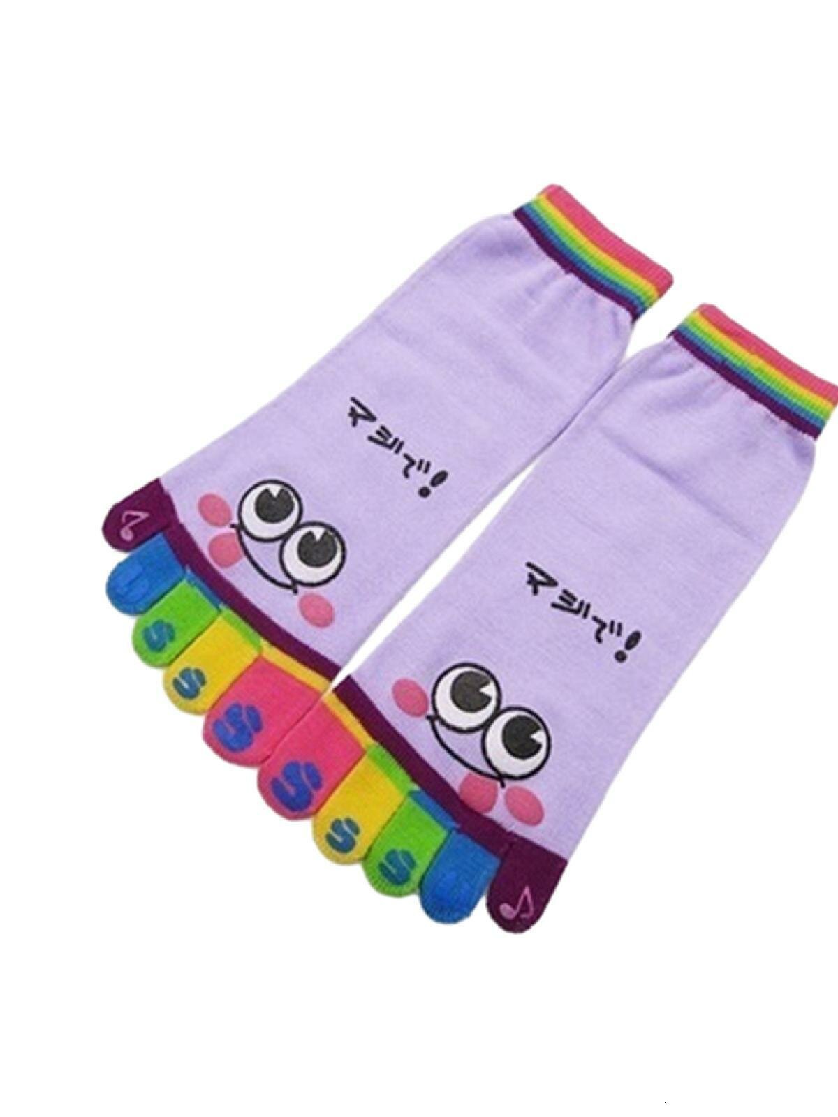 Женские носки с пятью пальцами, хлопковые, с мультяшным принтом, Фиолетовый