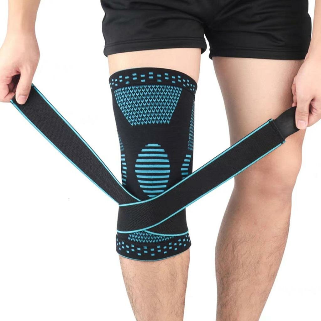 Компрессионные наколенники с ремешком, Черный и синий - M