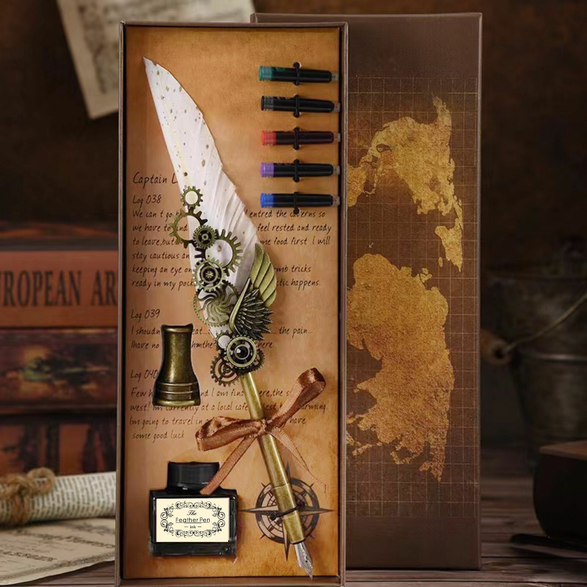 Набор подарков с перьевыми ручками в винтажном панк-стиле, стимпанк, перьевая ручка с картриджами чернил, 5 цветов