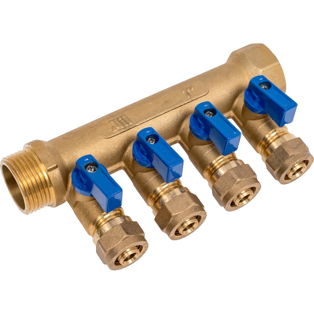 Коллектор с кранами и цангами Millennium 1" х 16ц х 4 выхода(синие ручки) KSS041016