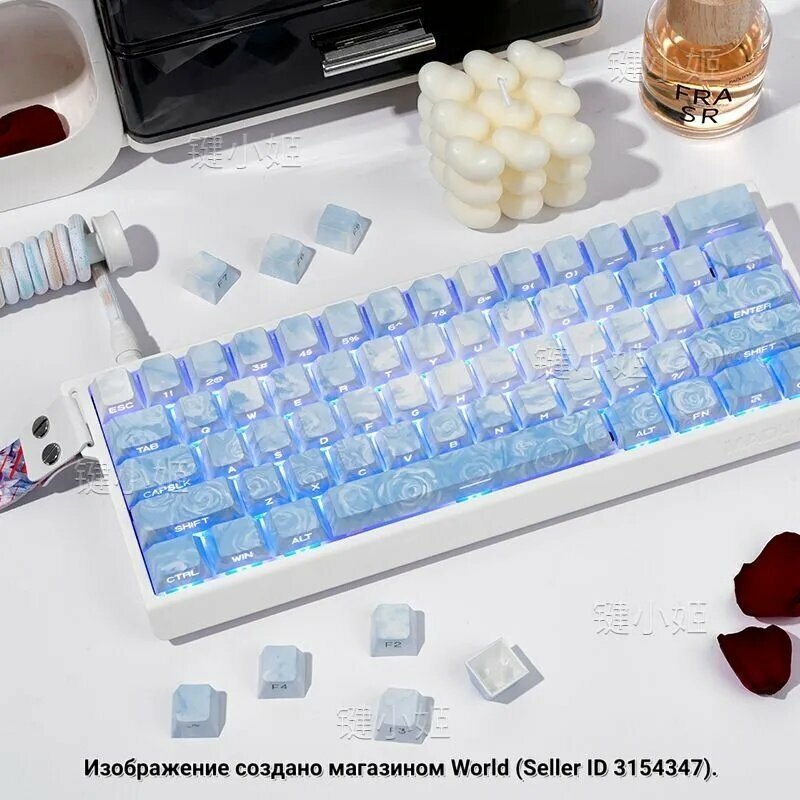 Кейкапы для механической клавиатуры, Rose Coast (синий), 130 шт, PBT, пятисторонняя сублимационная печать, боковая подсветка, профиль Cherry, в коробке