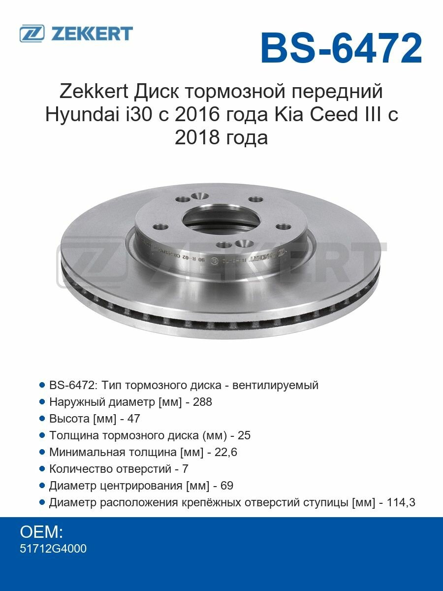 Zekkert Диск тормозной передний Hyundai i30 с 2016 года Kia Ceed III с 2018 года