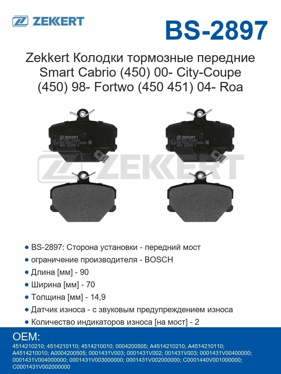 Zekkert Колодки тормозные передние Smart Cabrio (450) 00- City-Coupe (450) 98- Fortwo (450 451) 04- Roa