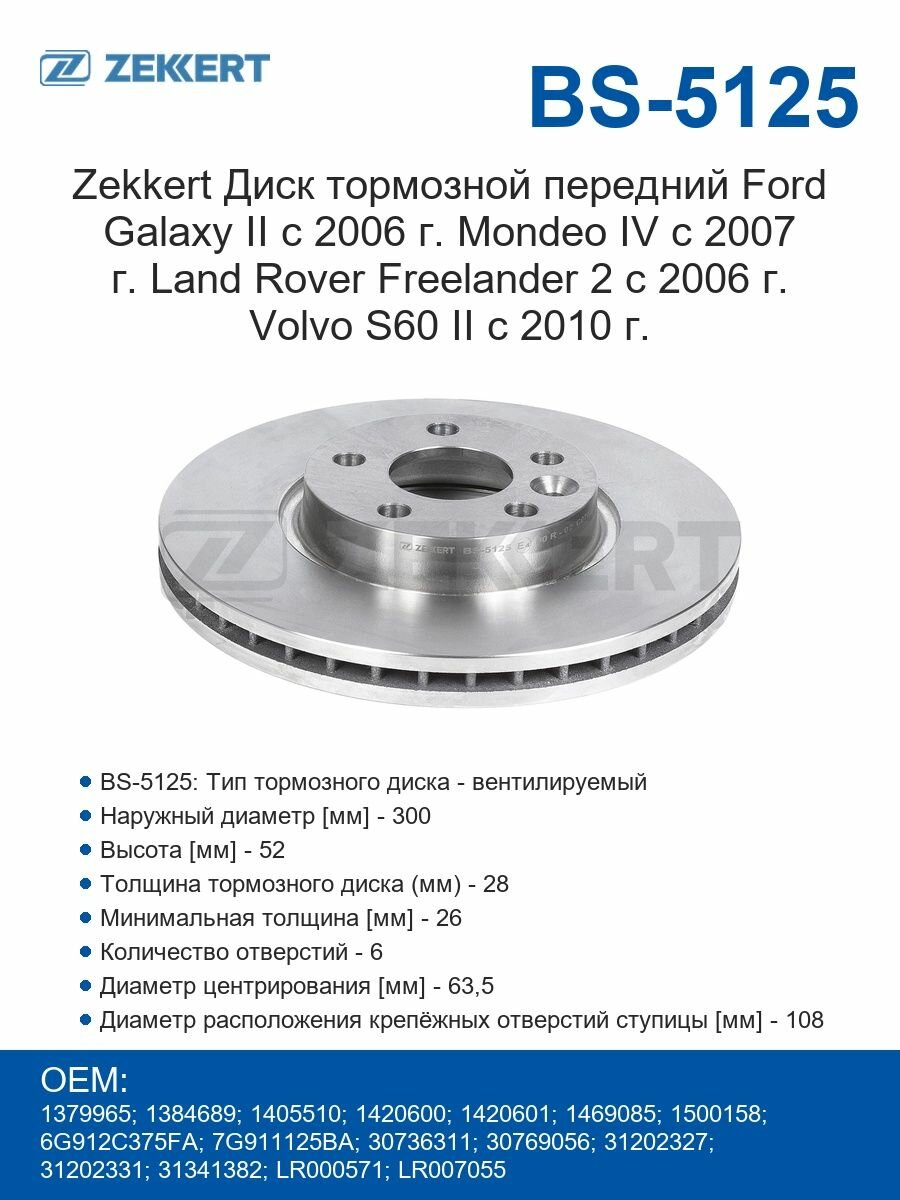Zekkert Диск тормозной передний Ford Galaxy II с 2006 г. Mondeo IV с 2007 г. Land Rover Freelander 2 с 2006 г. Volvo S60 II с 2010 г.