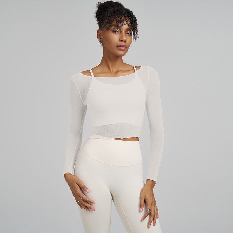 Спортивная одежда Wharton Yoga Wear, длинный рукав, женская, имитация двух предметов, осенний сетчатый спортивный топ, пилатес, тренировка, быстросохнущий, фитнес-накидка