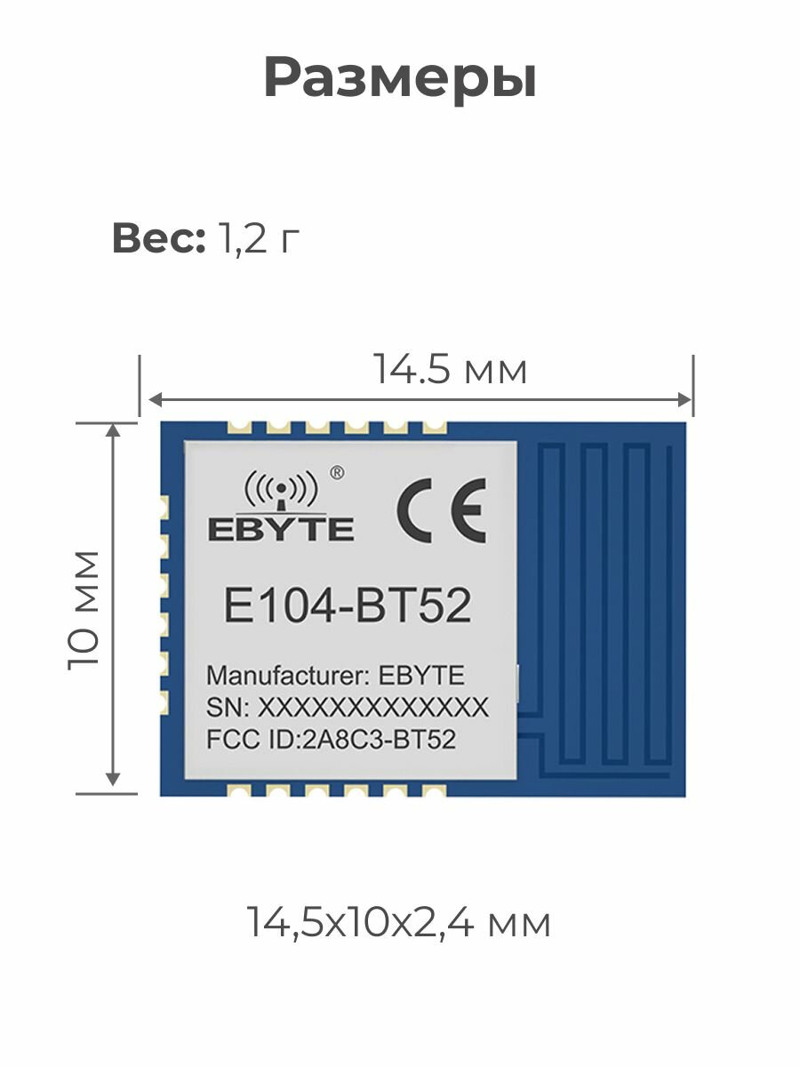 E104-BT52 EBYTE Модуль Bluetooth BLE5.0 2.5 дБм UART, встроенная PCB-антенна — фото 1