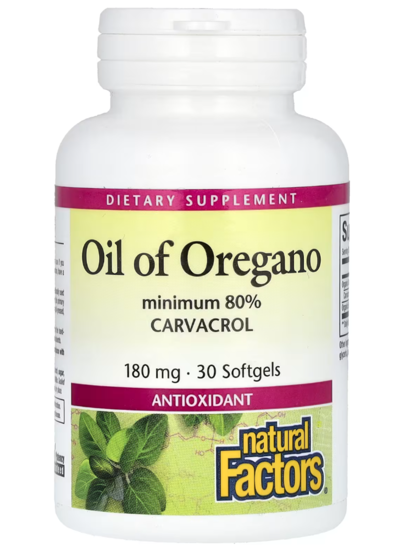 Масло орегано Natural Factors, 180мг, антиоксидантная защита, 30 капсул