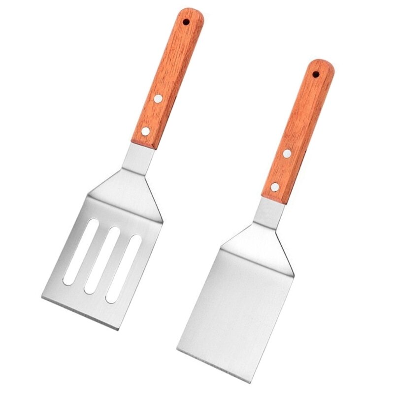 Упаковка из 2 Лопаток Из Нержавеющей Стали С Деревянной Ручкой Прочная Кухонная Утварь Для Переворачивания Стейков Блинов Яиц Бургеров