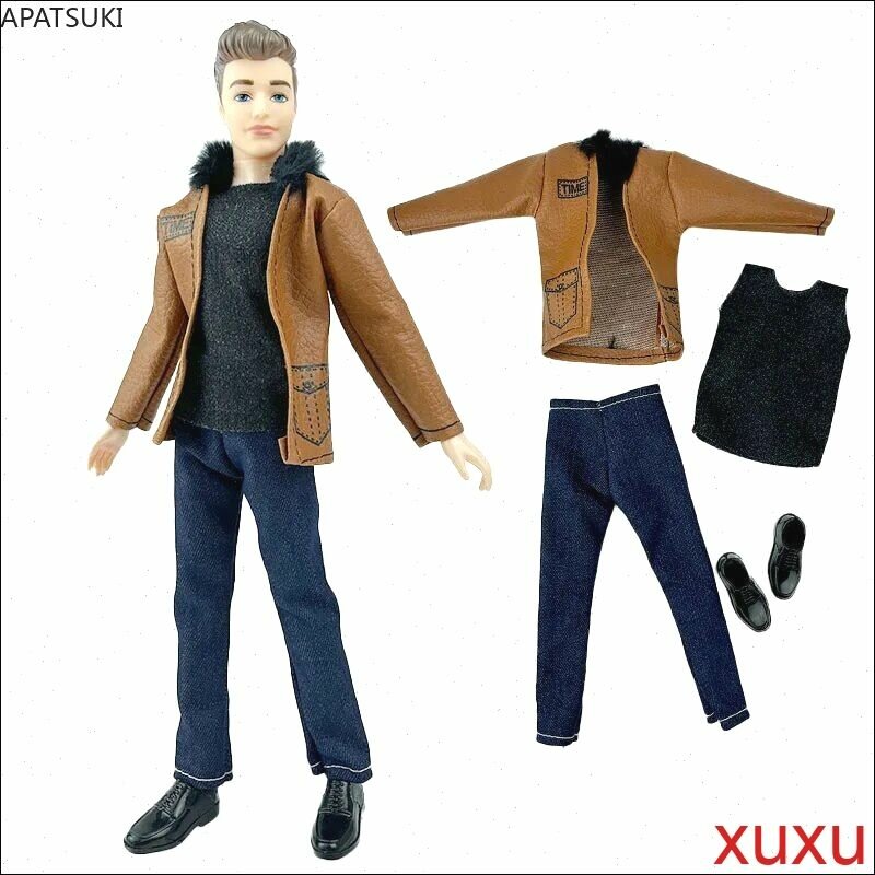 Коричневый кожаный комплект одежды в моторном стиле для куклы мальчика Кена