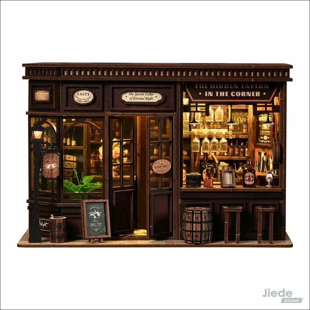 Румбокс открывающийся "The Corner Tavern", винтажный бар с витриной, бутылками и барной стойкой, DIY Собранная модель