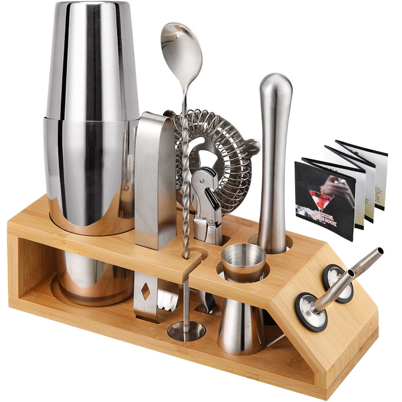 10шт Набор для коктейлей Коктейльная шейкерная инструментальная сетка Из нержавеющей стали Аксессуары для смешивания коктейлей С рецептурой для домашней бара Материал: 304 нержавеющая сталь+бамбук Тип стойки: T-образная/ромб (по выбору) Размер упаковки:
