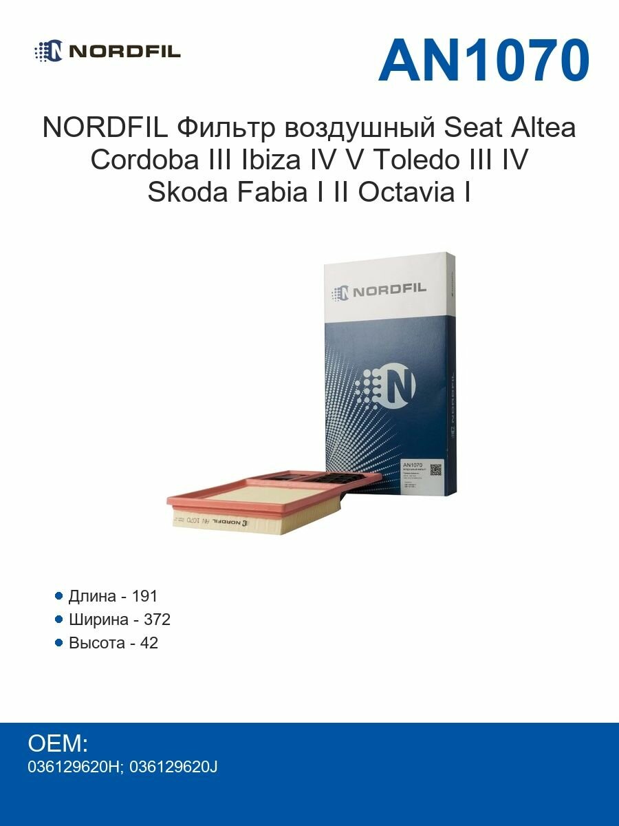 NORDFIL Фильтр воздушный Seat Altea Cordoba III Ibiza IV V Toledo III IV Skoda Fabia I II Octavia I