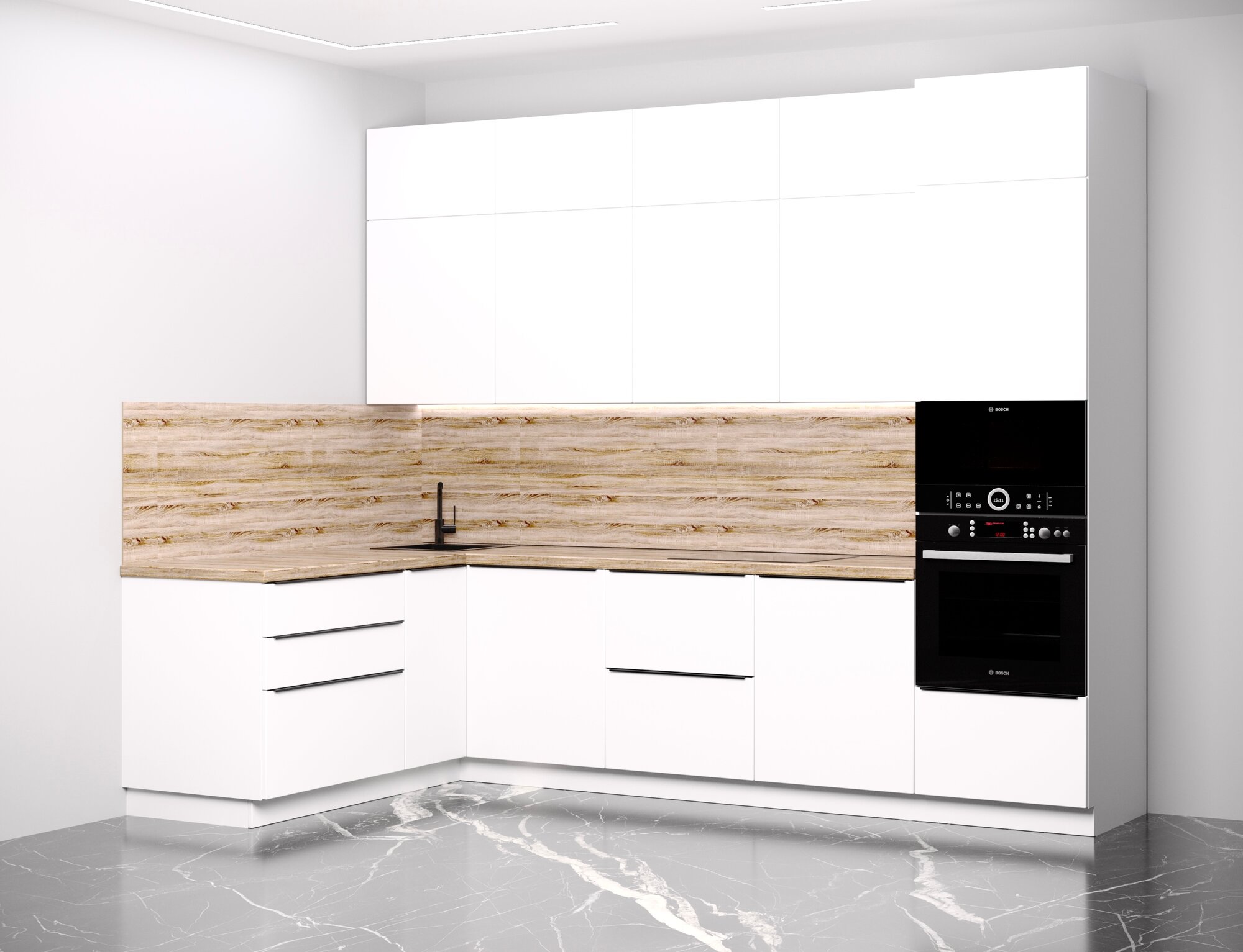 Кухонный гарнитур. Угловой. 3000х1600 мм. МДФ. Белый матовый. Модульная