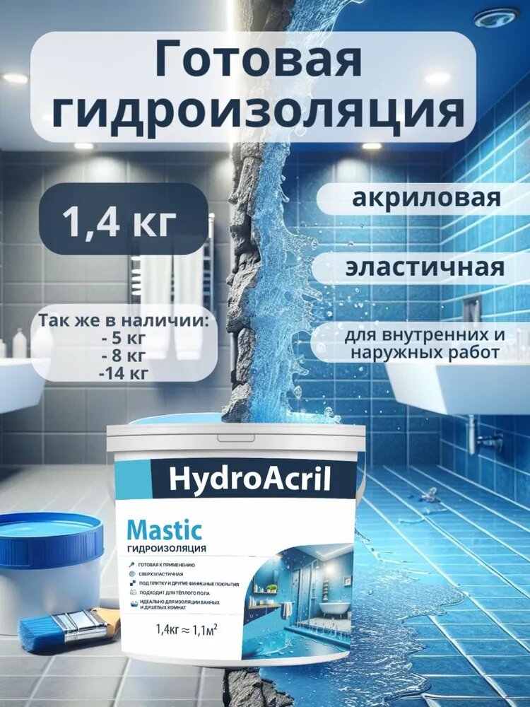 Мастика гидроизоляционная SHPATLER "HYDROACRYL", для ванных и балконов, антигрибковые свойства, голубая, 1.4 кг