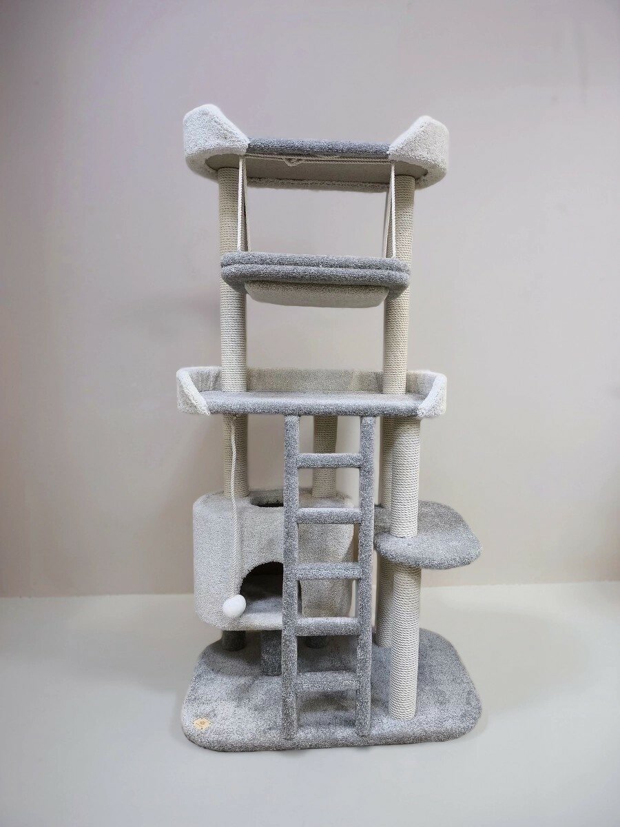 Игровой комплекс для кошек с когтеточкой Моя Котя "Академгородок" подвесной гамак серо-белый с хлопковым канатом