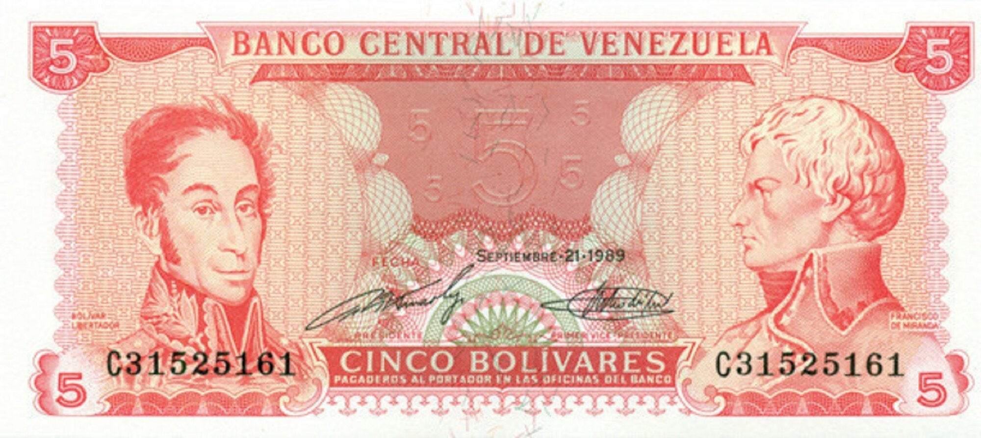 Банкнота номиналом 5 боливар Венесуэлы 1989 года. Состояние UNC P-70 (34481)