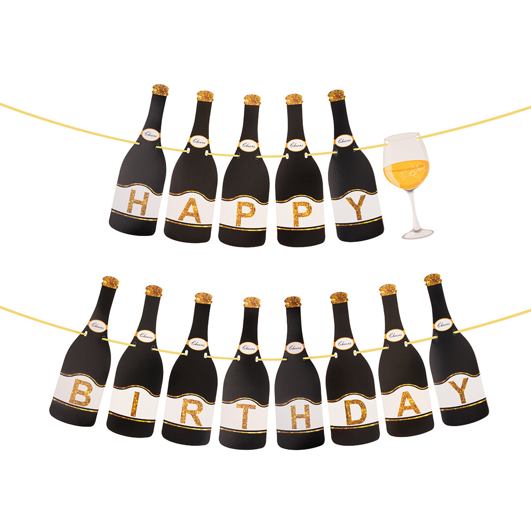 Гирлянда Шампанское, Happy Birthday, Черный, 150 см, 1 шт, декор для дня рождения