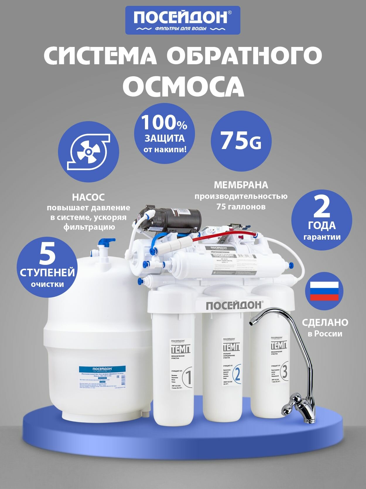 Посейдон. Система обратного осмоса с насосом мембрана 75g. Фильтр для воды с обратным осмосом с насосом