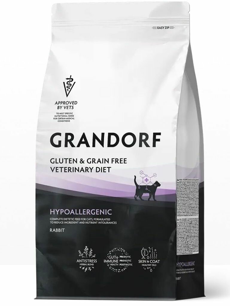 GRANDORF VETERINARY HYPOALLERGENIC Полнорационный диетический корм для кошек, применяемый при пищевой аллергии или пищевой непереносимости 400 гр.