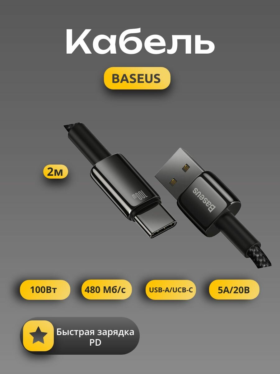 Кабель Baseus Tungsten Gold USB-A to Type-C 100W 2м (CAWJ000101) черный