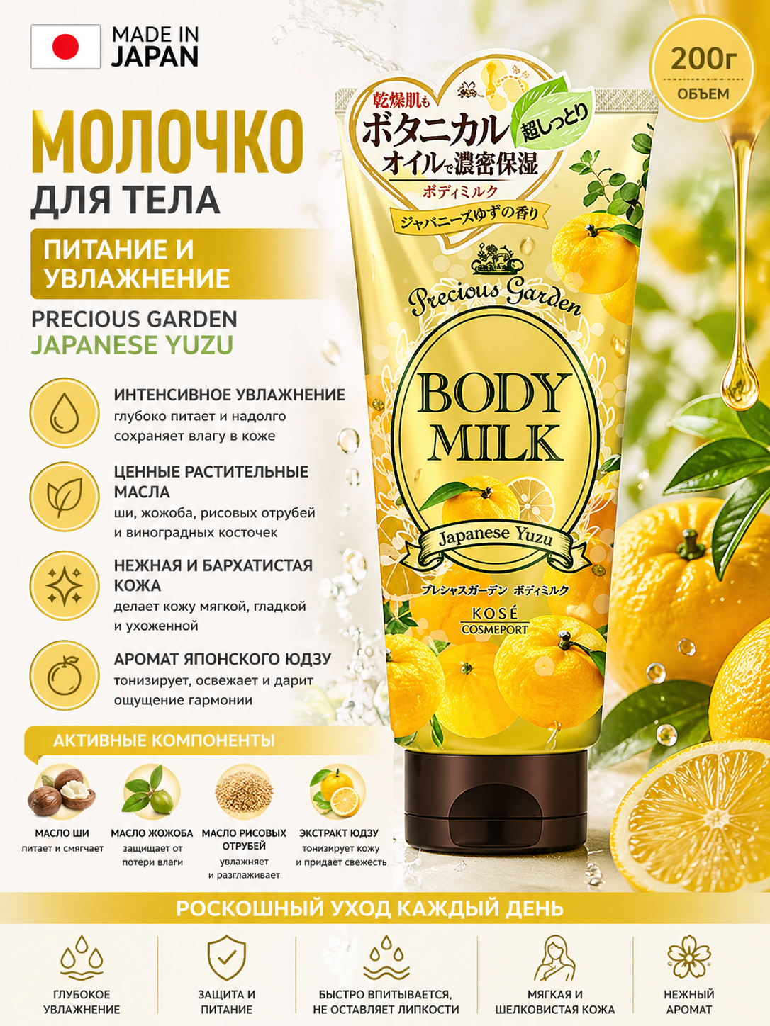Молочко для тела KOSE Precious Garden Body Milk Japanese Yuzu с ароматом японского юдзу, 200г