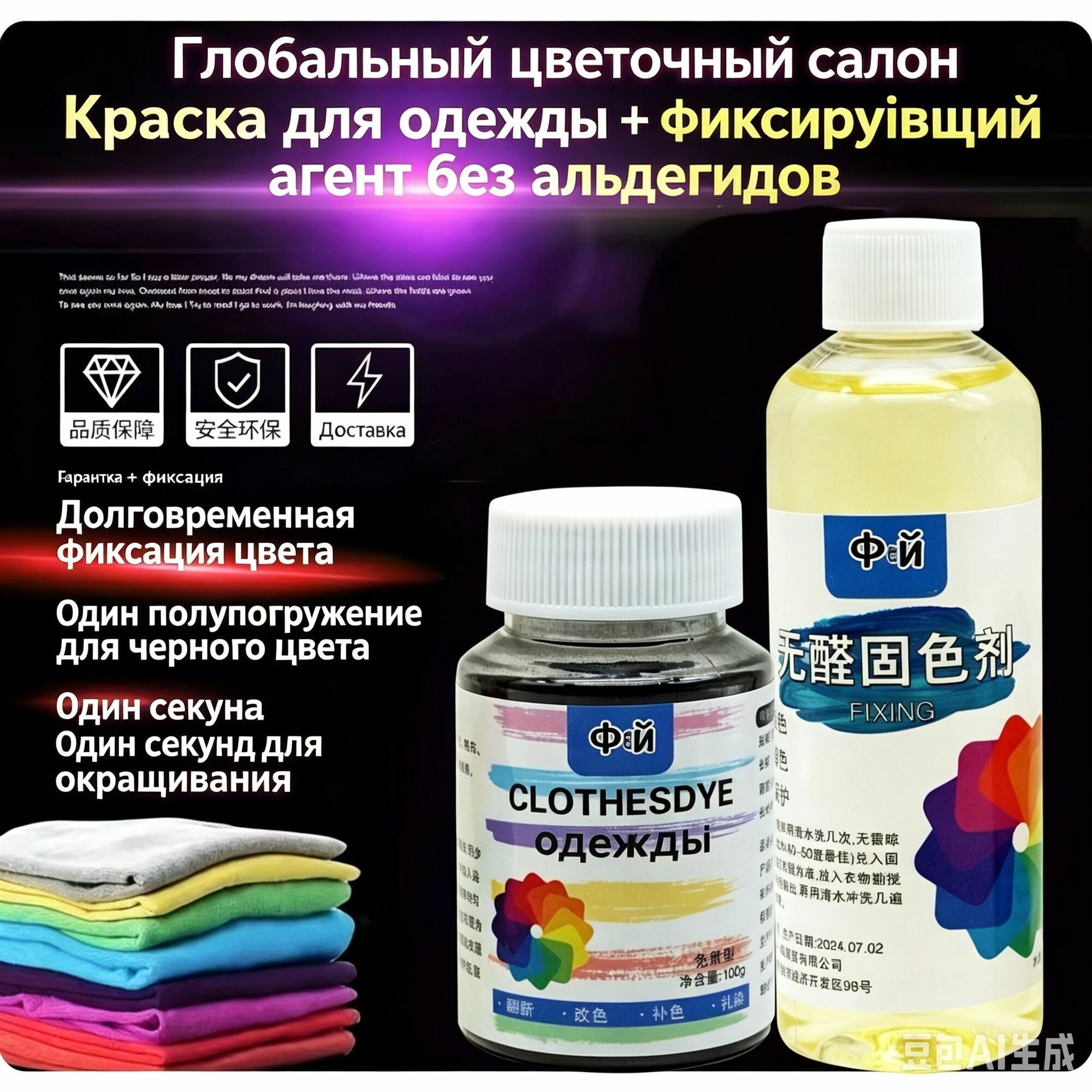 Краска для одежды фиолетовая + фиксатор цвета без формальдегида, комплект для окрашивания ткани