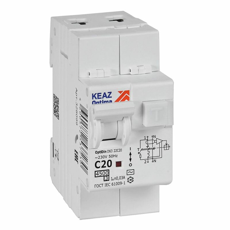 Выключатель автоматический дифференциального тока 2п OptiDin D63-22C20-AC-У3 C20 30мА 4.5кА с защитой от сверхтоков КЭАЗ 328099