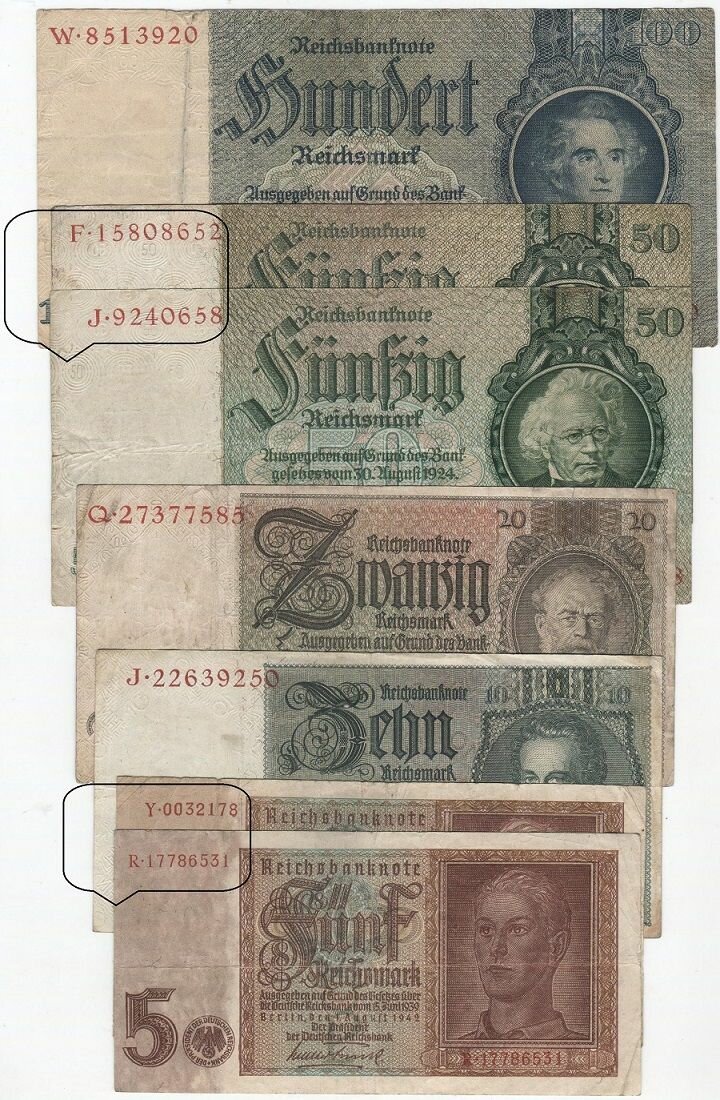 1924-42 7 штук 5 5 10 20 50 50 100 марок Набор банкнот Германия Разные варианты VF