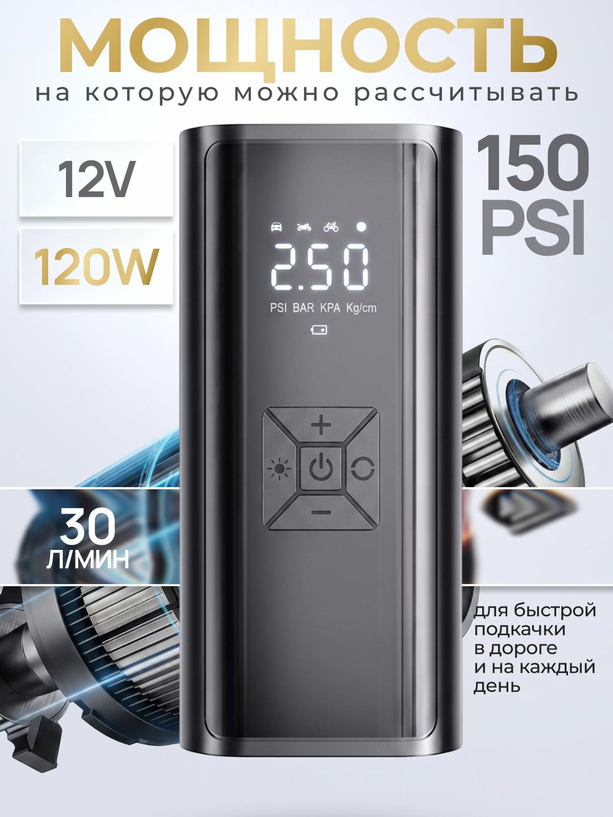 Компрессор автомобильный аккумуляторный, автомобильный компрессор 12V для подкачки автомобильных шин, мячей и надувных и