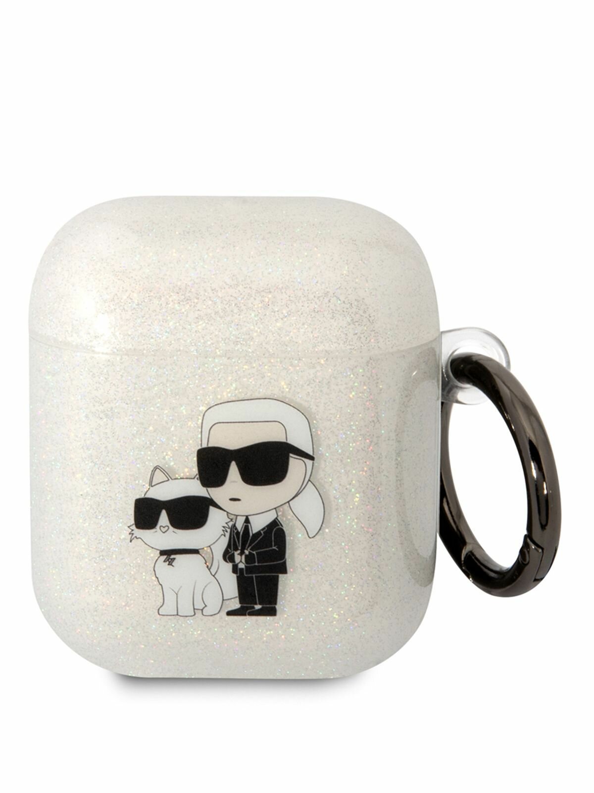 Чехол Karl Lagerfeld TPU Glitters для наушников Apple Airpods 1, 2 / Аирподс силиконовый, с карабином, с блестками и принтом NFT Karl & Choupette, прозрачный