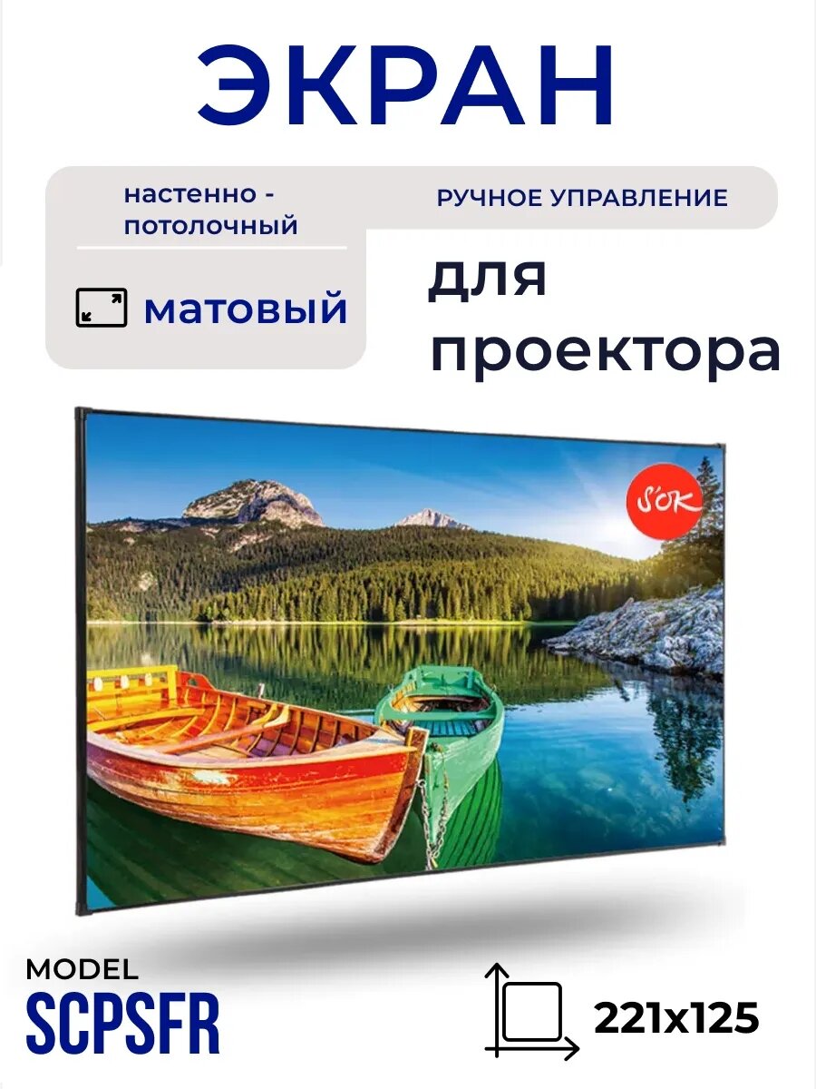 Экран для проектора S'OK SCPSFR-221x125 100 16:9 постоянного натяжения, White PVC, черный