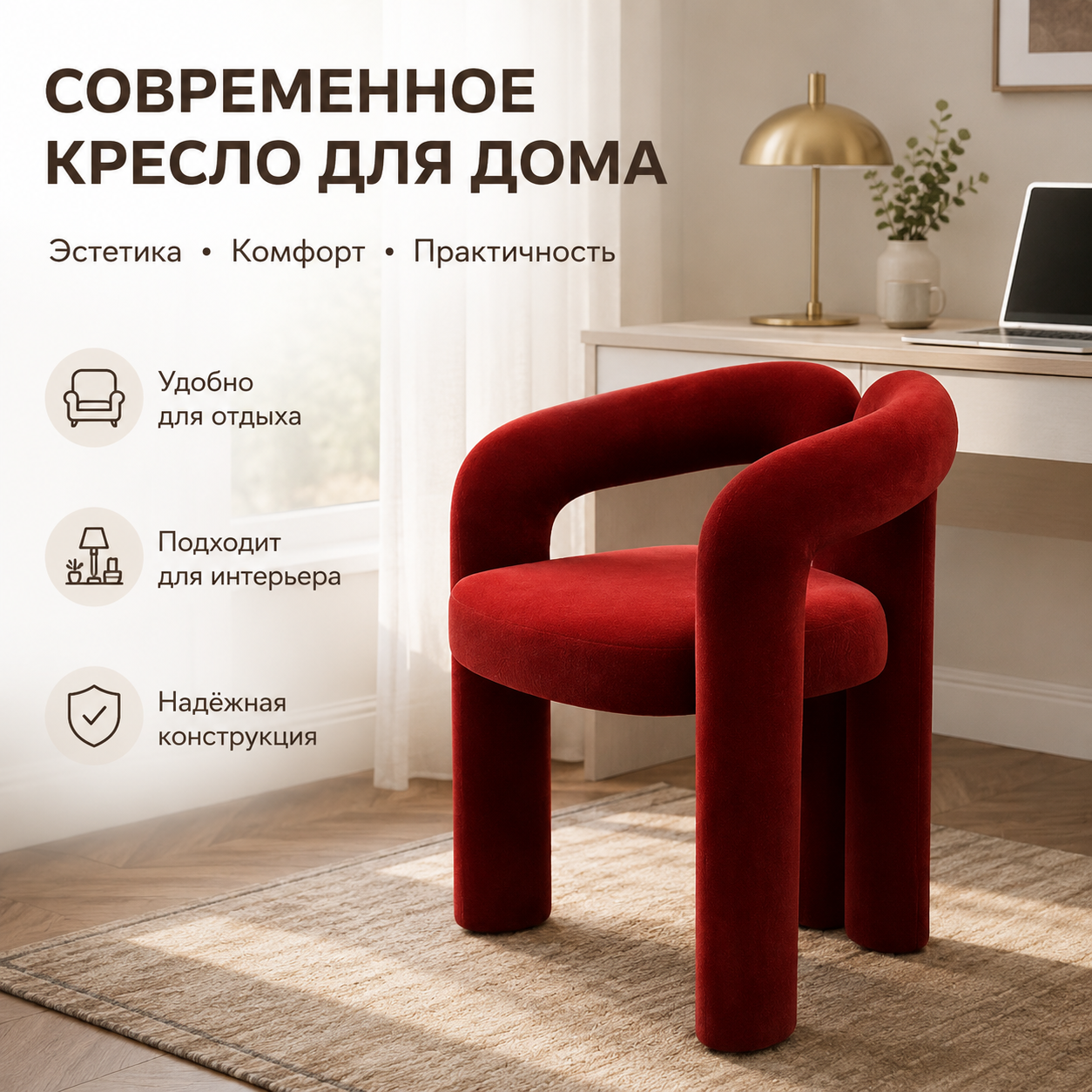 Скульптурный стул из бархатистого велюра красного цвета, модный пуф у туалетного столика современного стиля, 1 шт. — фото 1