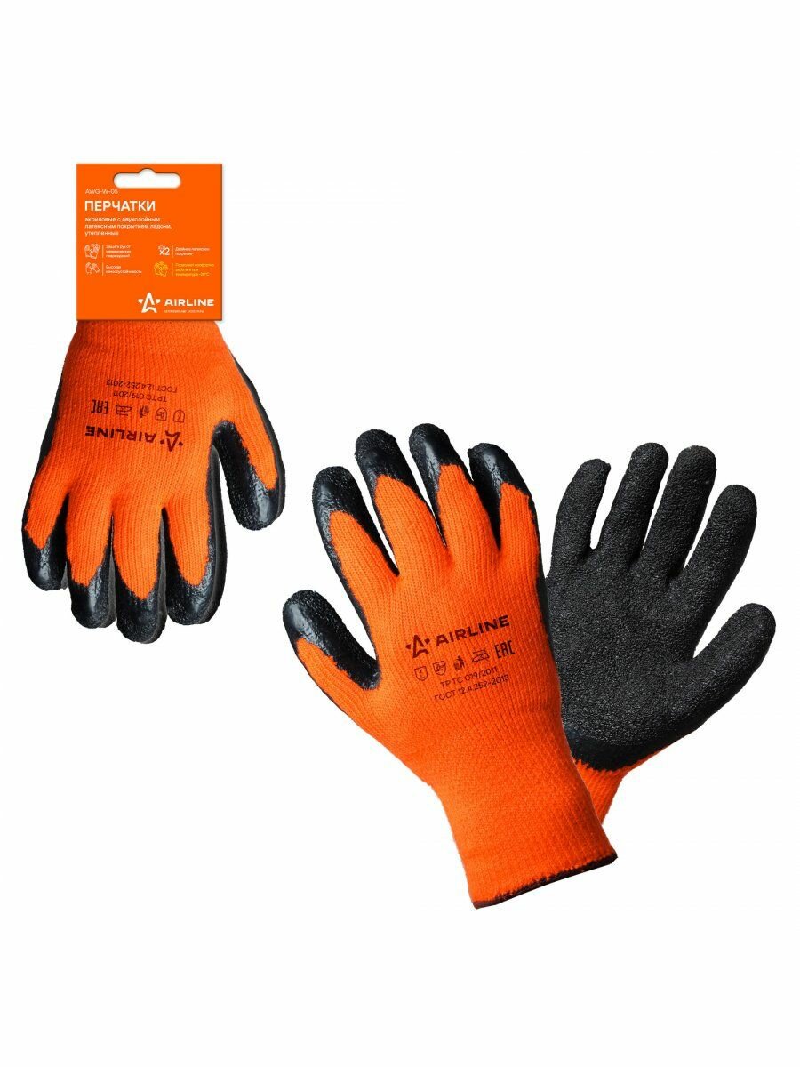 Перчатки акриловые Airline AWGW05, с двухслойным латексным покрытием ладони (XL), утепленные, оранжевый/черный
