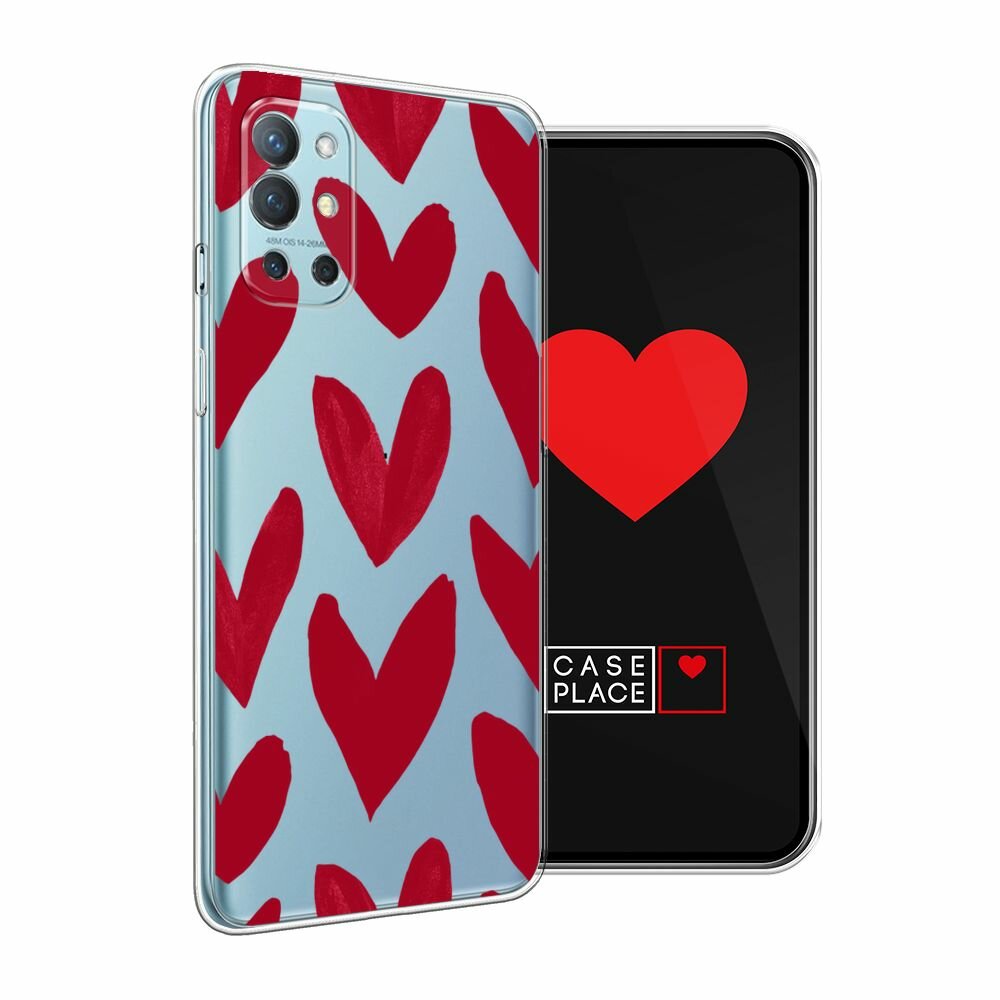 Чехол на OnePlus 9R / ВанПлас 9R с принтом "Красные сердечки рисунок - 14 февраля", прозрачный — фото 1