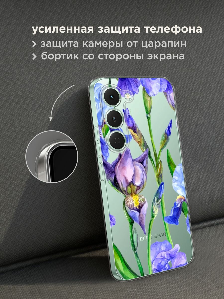 Чехол на Tecno Spark 40 Pro / Текно Спарк 40 Про с принтом "Синие ирисы", прозрачный — фото 1