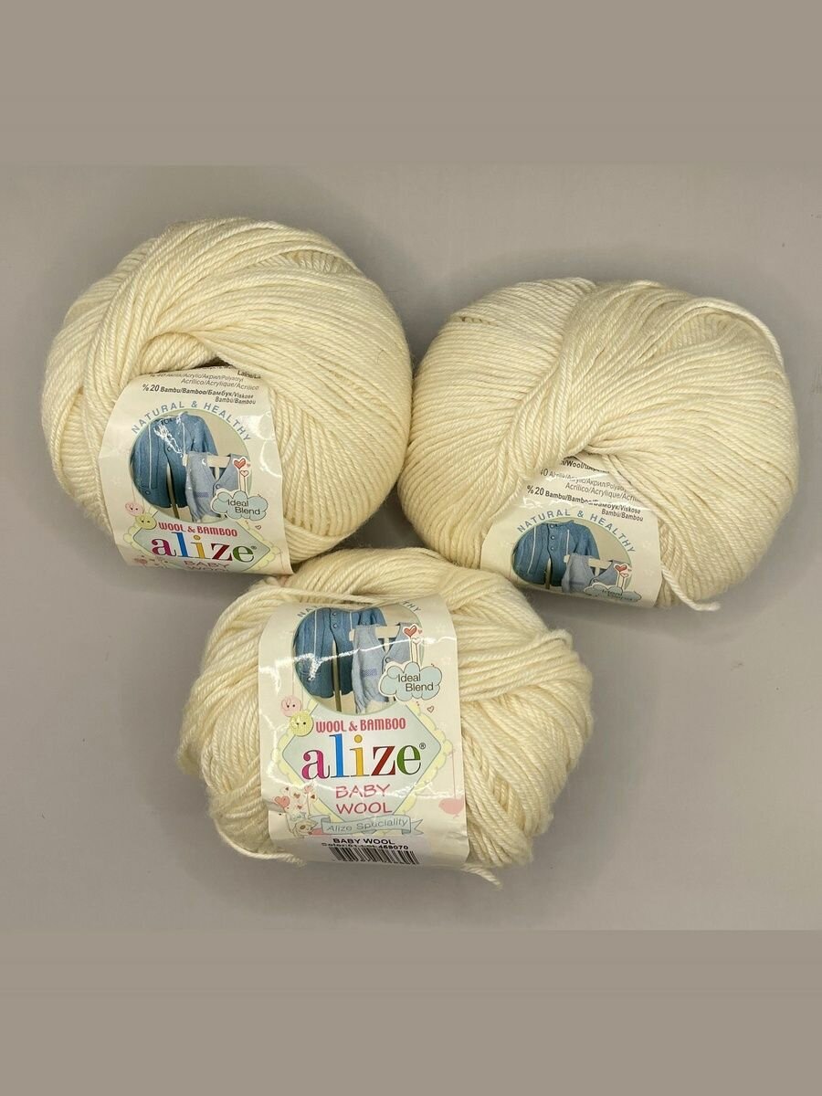 Три мотка пряжи Alize Baby Wool (01) ,50гр-175м, 40% шерсть, 20% бамбук, 40% акрил.