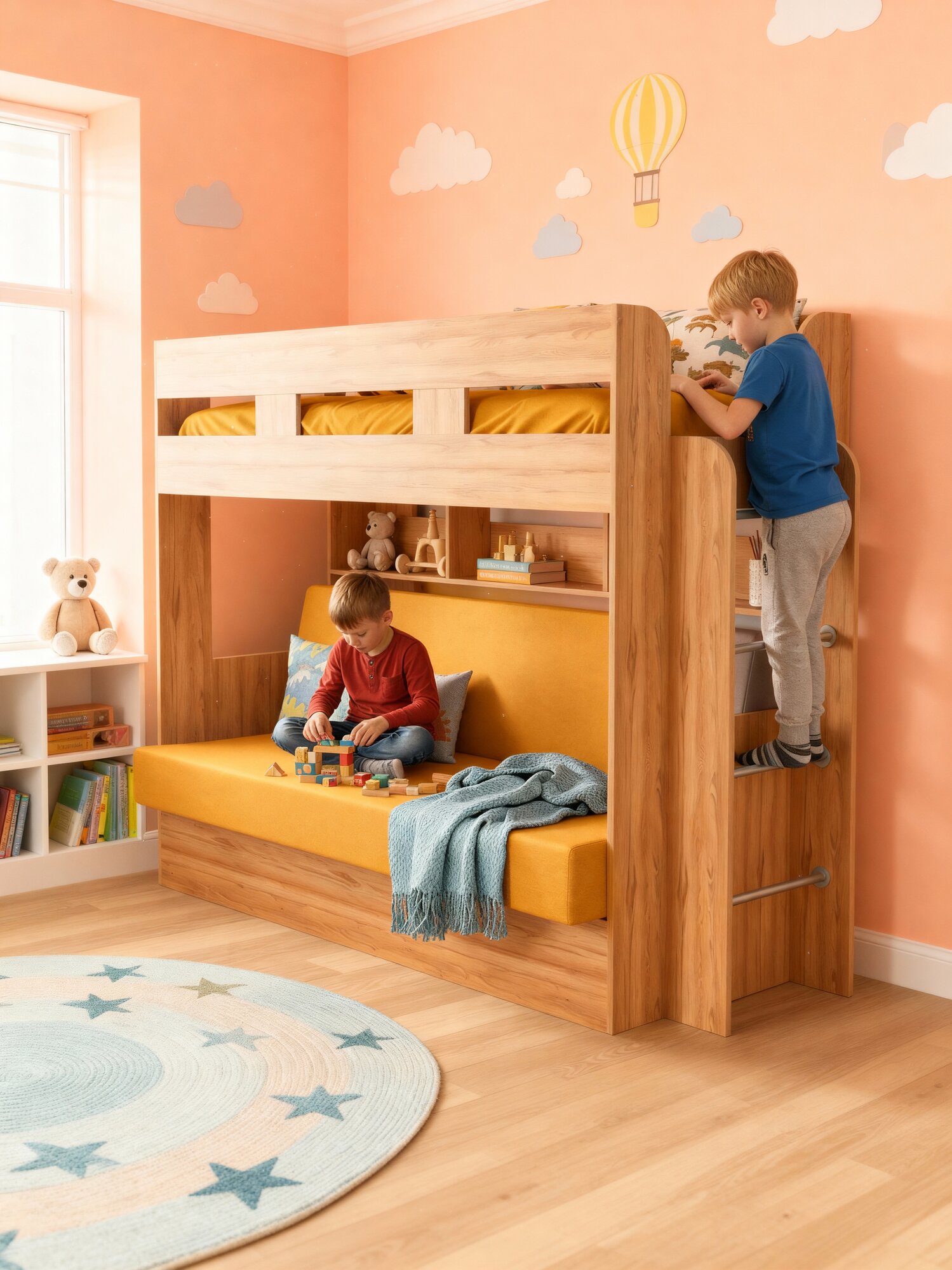 Двухъярусная кровать "Welcome", с диваном, ЛДСП, дуб, длина спального места 190 см