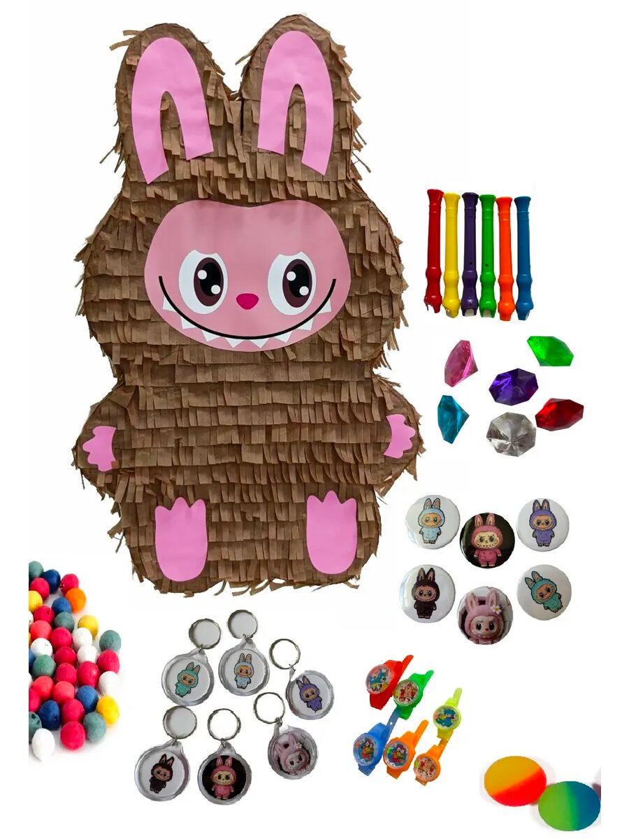 Пиньята Зайчик коричневый Лабубу с наполнением и битой для разбивания