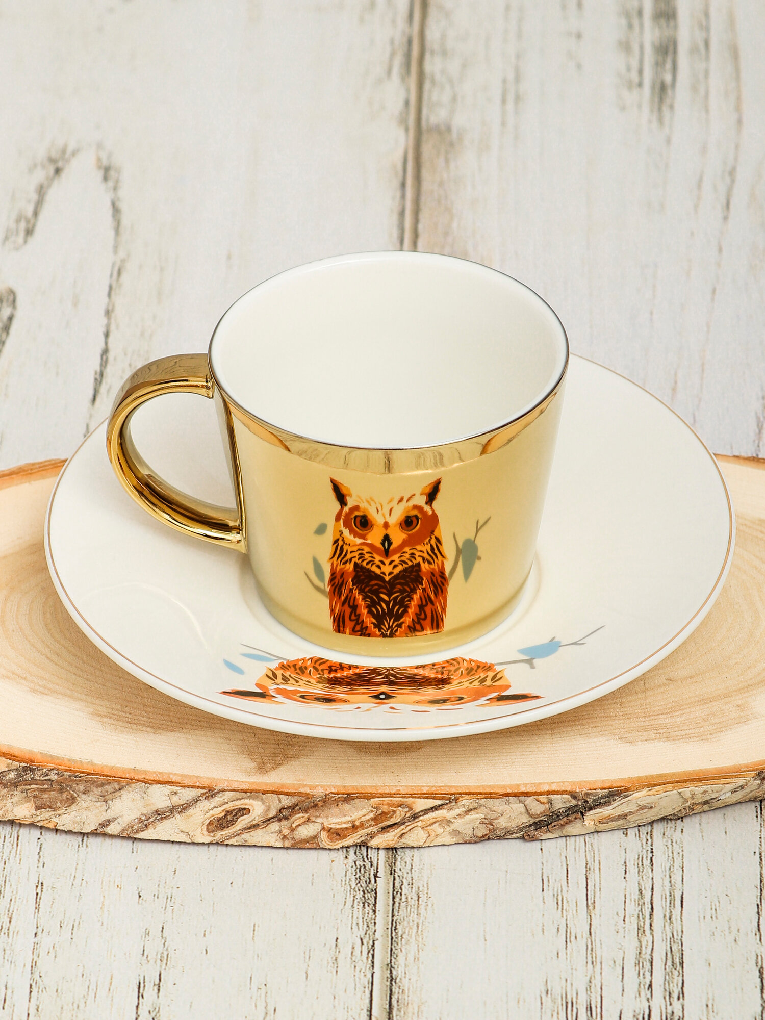 Кружка для чая "Иллюзия Сова" золотистая, с блюдцем, 250 мл, чайная пара, женская, подарочная на новый год