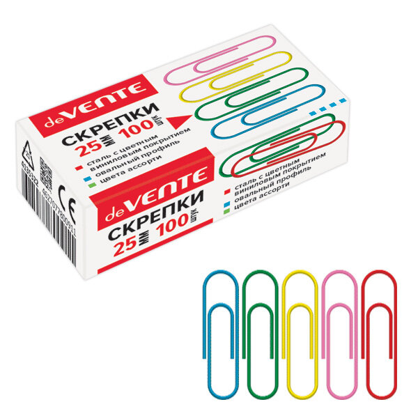 Скрепки " deVente " 25 мм, металлические, цветные, 100 штук в картонной коробке, количество: 10 штук