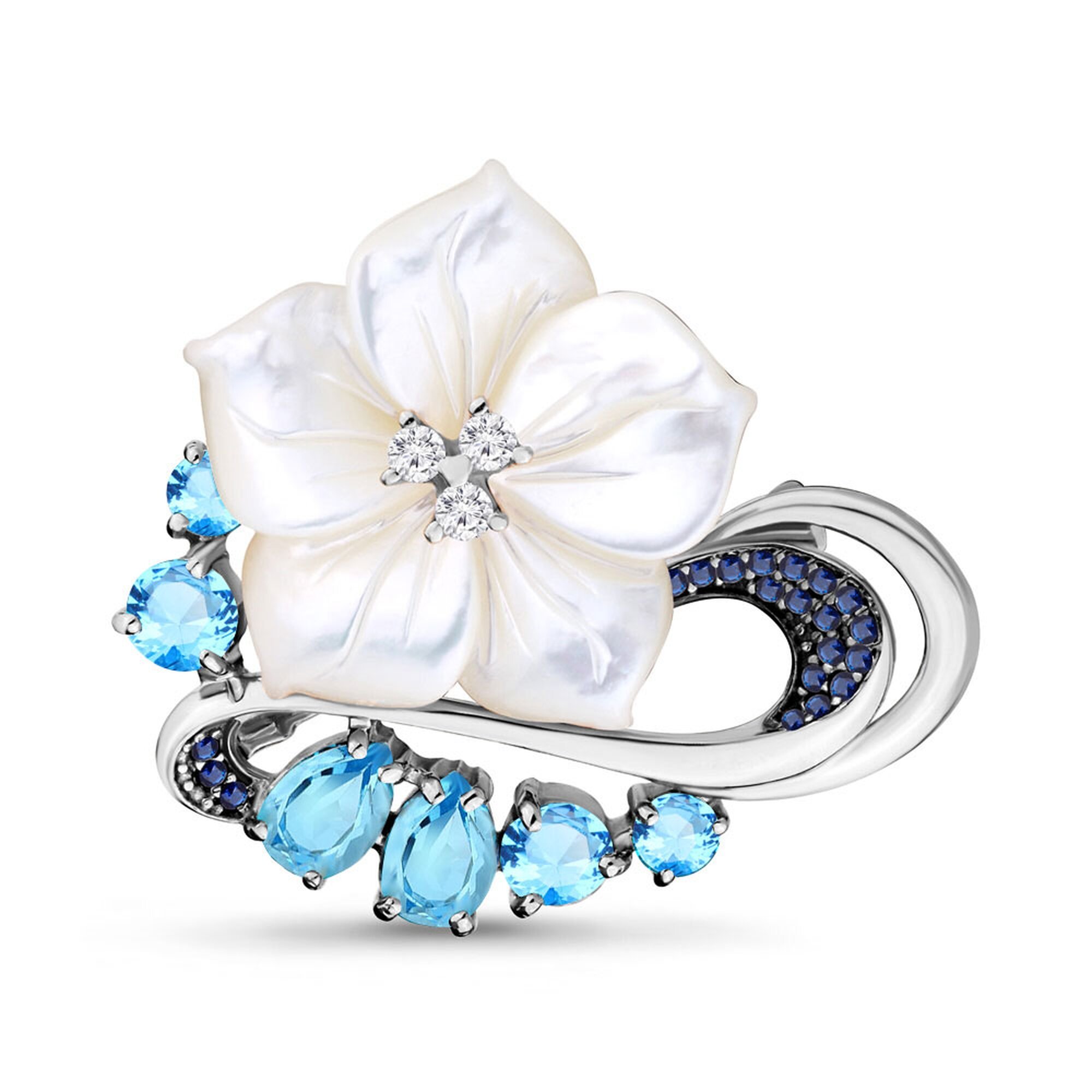 Брошь, серебро, 925 проба, родирование, перламутр, фианит, топаз