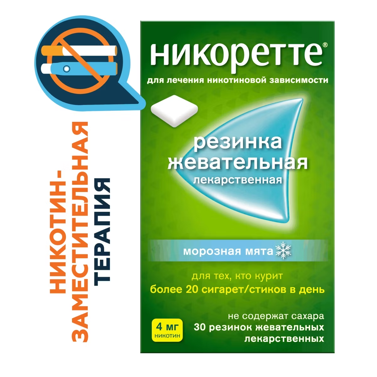 Никоретте, резинка жевательная, 4 мг (морозная мята), 30 шт.