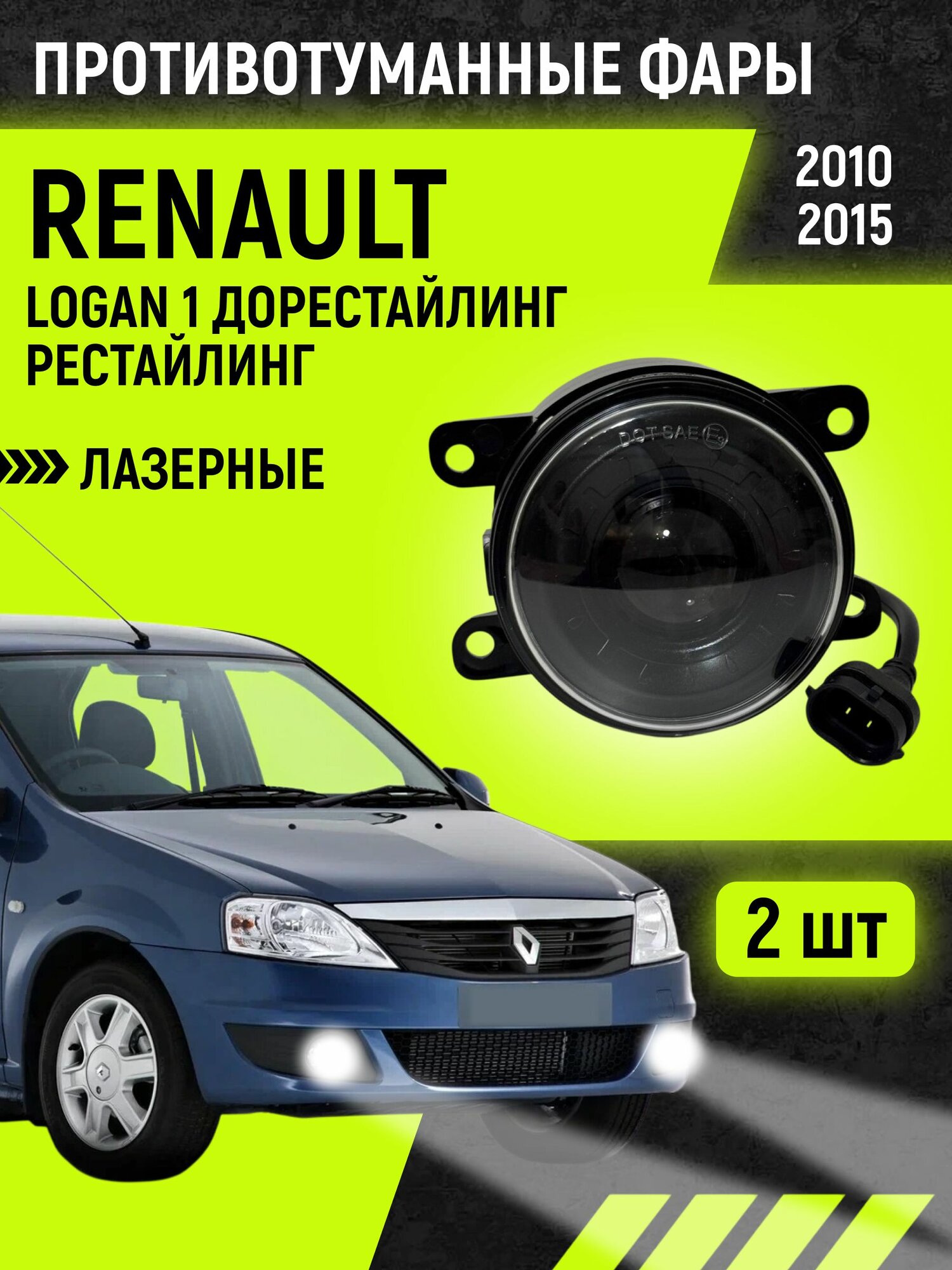 Лазерные Bi-Led противотуманные фары Renault Logan 1 дорестайлинг рестайлинг (2004-2015) / птф туманки би лед светодиодные Рено Логан 1