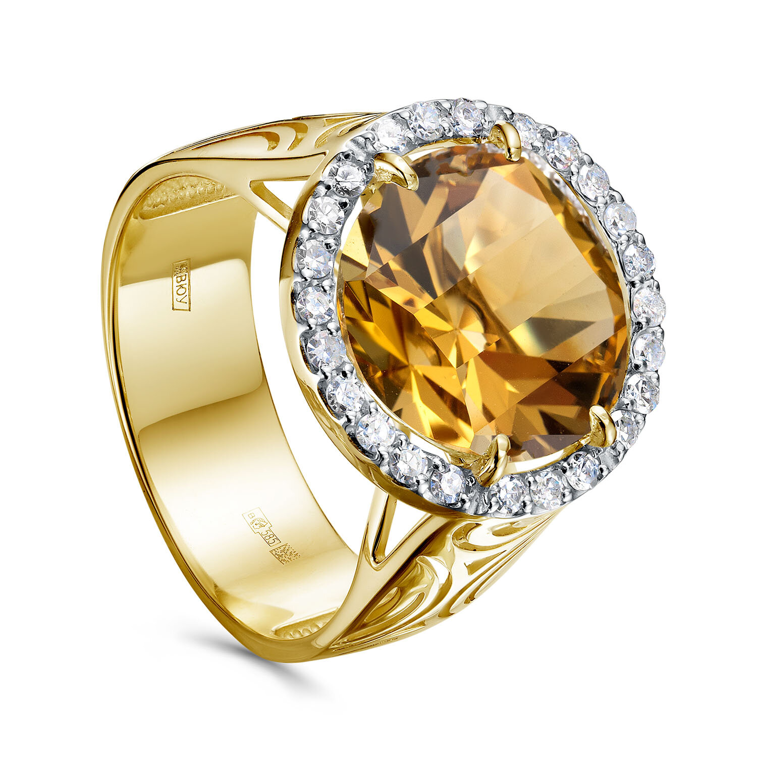 Кольцо, желтое золото, 585 проба, бриллиант, цитрин